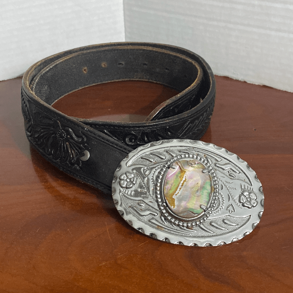 PRCA Rodeo Black Tooled Leather Belt Metal Buckle with Mother of Pearl ...