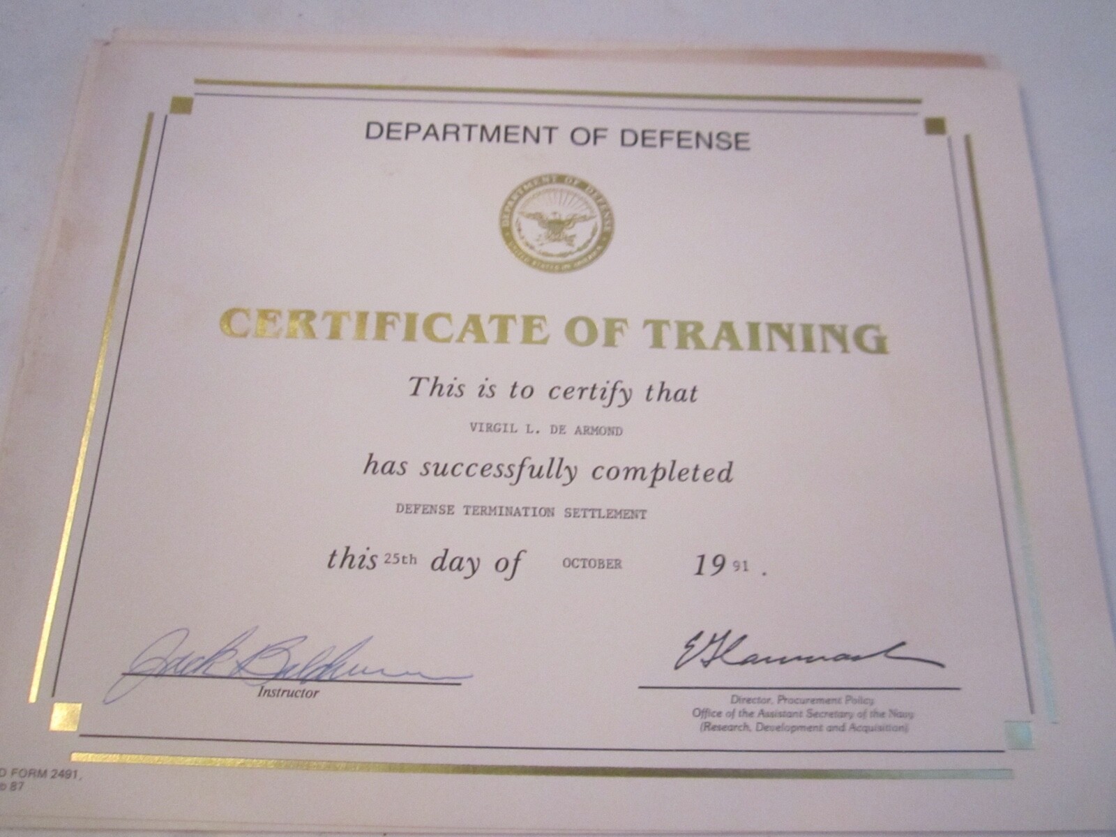 LOT OF 8 U.S. AIR FORCE CERTIFICATES OF TRAINING DEPT. OF DEFENSE '89 ...