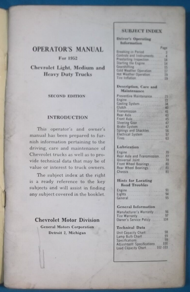 1952 CHEVROLET CHEVY TRUCK OW OPERATOR OPERATION & MAINTENANCE MANUAL ...