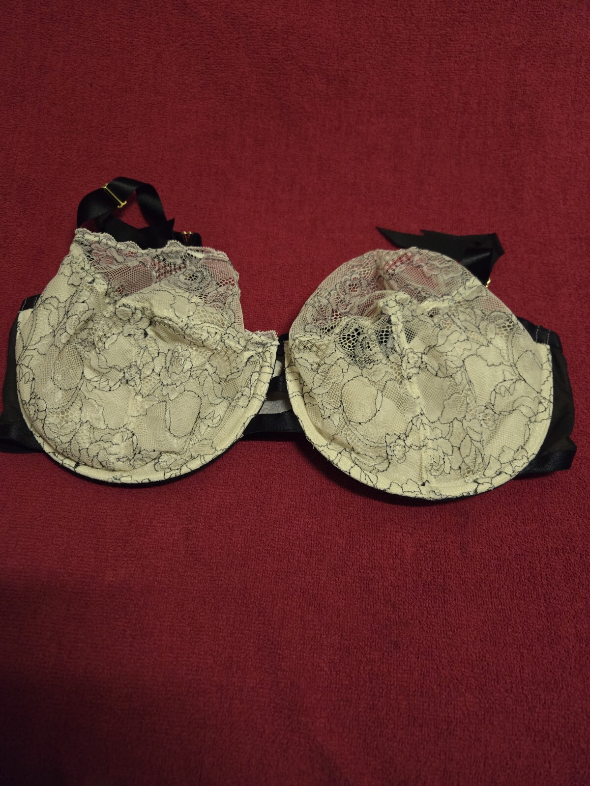 Cacique Cream Colored Lace Bra Black Mesh Back 4 Hook… - Gem