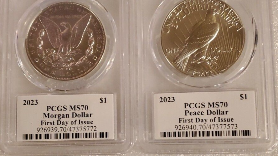 2023 PCGS MS70 FDI SILVER MORGAN & PEACE DOLLAR SET PAUL BALAN FLAG ...