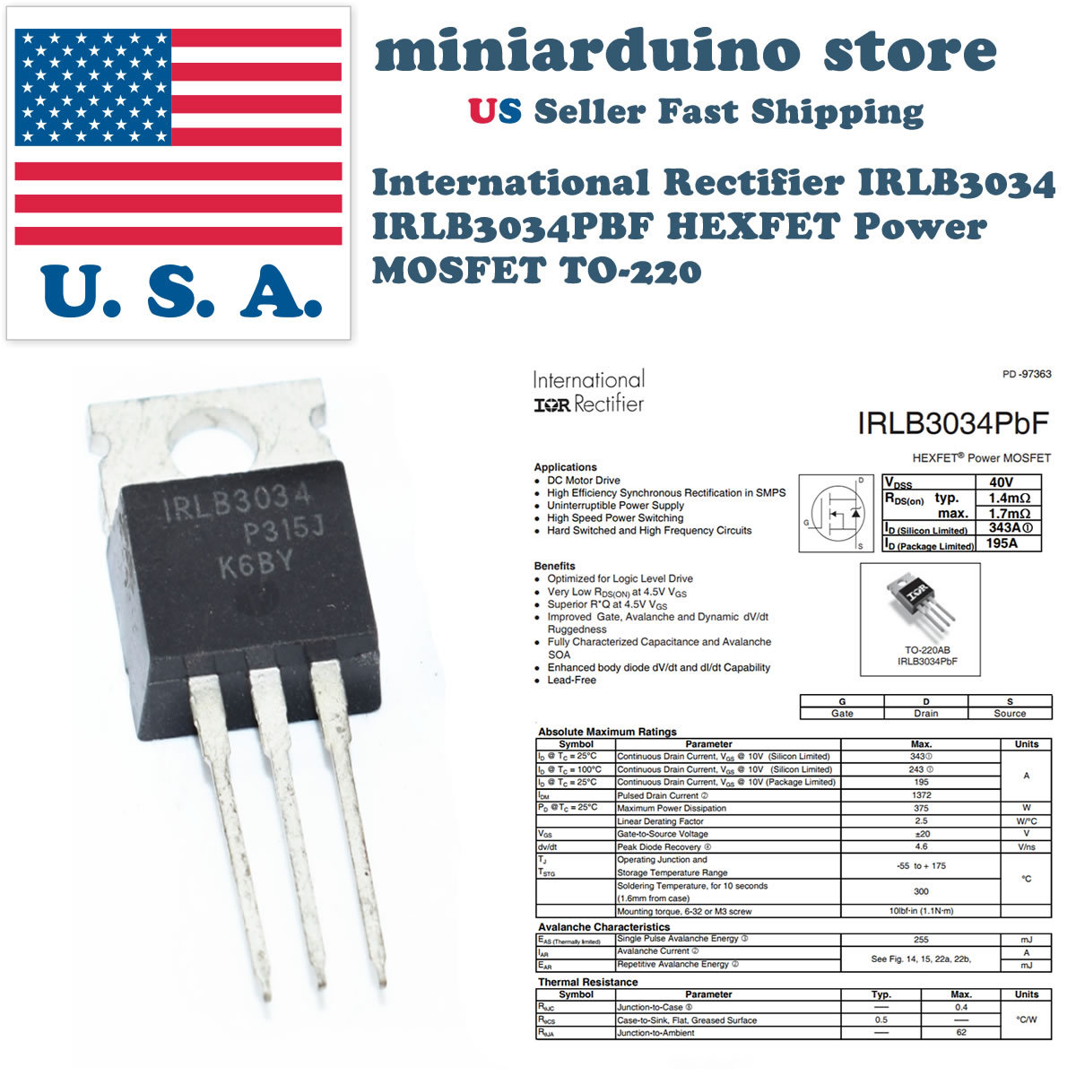 5pcs IRLB3034PBF IRLB3034 HEXFET Power MOSFET TO-220 Rectifier Box Mod ...