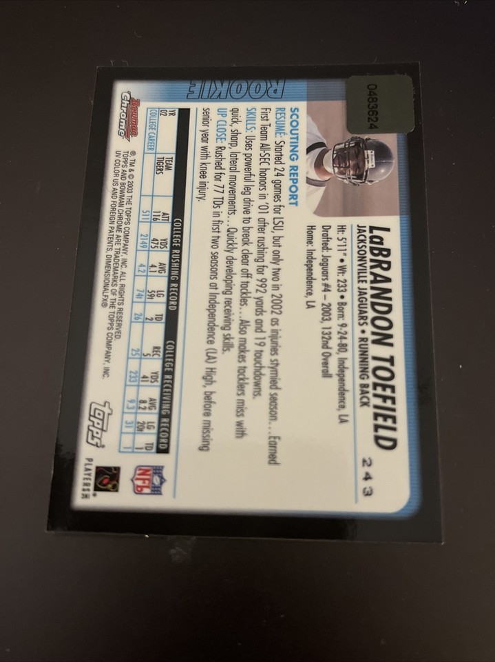 2003 Bowman Chrome LaBrandon Toefield Rookie Auto LSU Jaguars | eBay