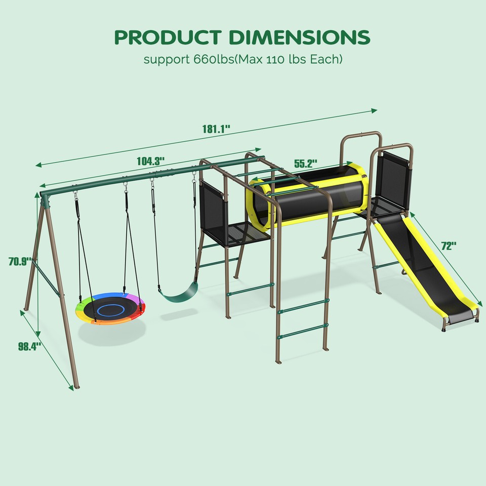 6 in 1 Metal Playground Swing Set Outdoor Play Set for Kids with Slide ...
