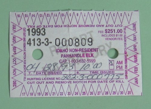 1993 Vintage Idaho Non Resident Panhandle Elk Hunting License Kill Tag ...