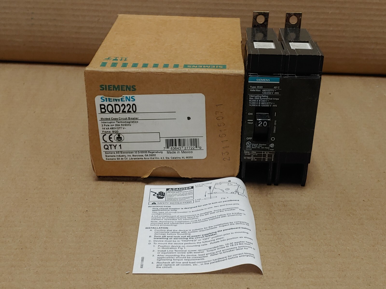 New Siemens BQD BQD220 2 Pole 20 Amp 480V Circuit Breaker | eBay