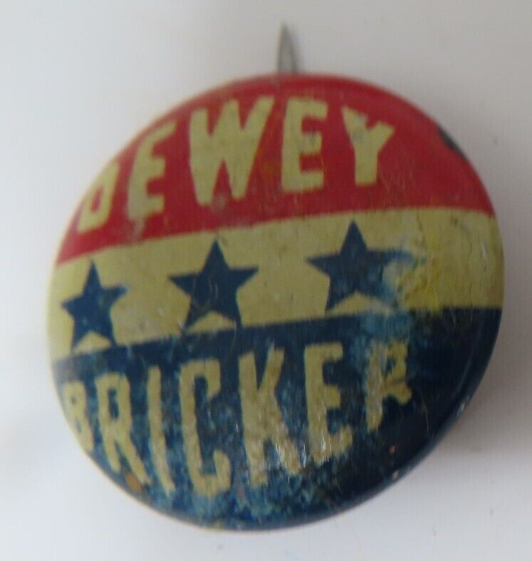 Dewey Bricker Vintage Political PINBACK BUTTON PIN 3/4" 1940s 3 Stars ...