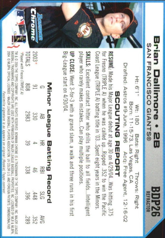 2004 Bowman Chrome Draft Refractors #26 Brian Dallimore Rookie Card RC ...