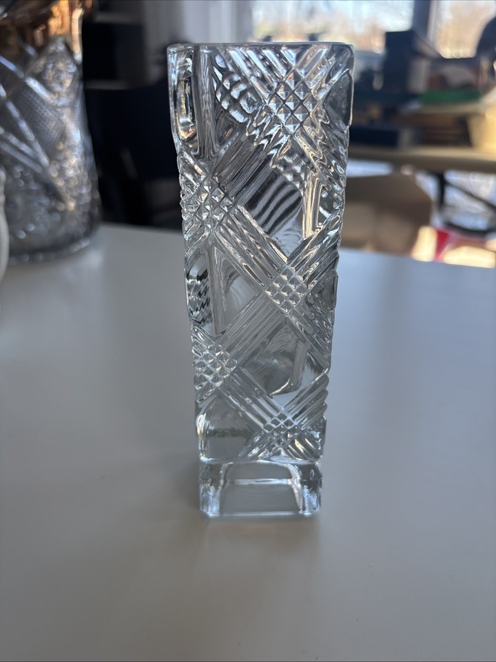 Avon 1980 Fostoria 6" Square Glass Bud Vase Vintage Cross Hatch Diamond ...