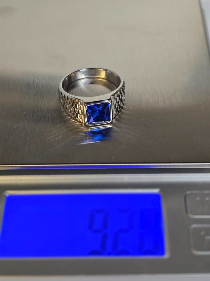 Steel Square Blue Glass Ring Synthetic Stone Size 11 Estate | eBay UK