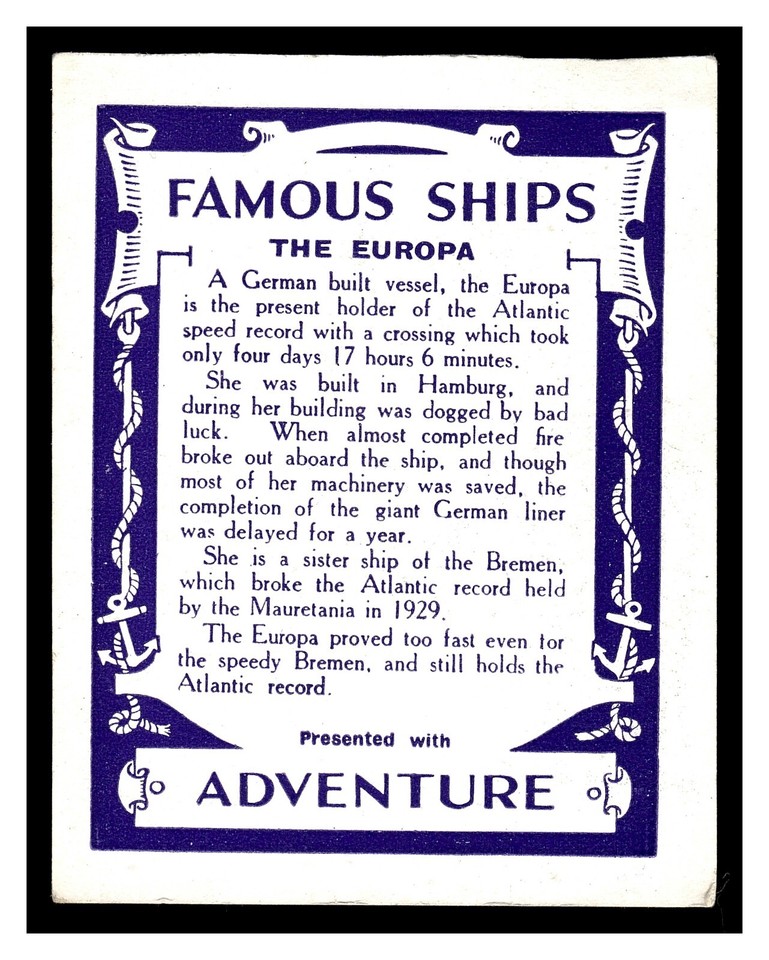1931 D.C. THOMPSON FAMOUS SHIPS EUROPA HOLDER OF SPEED RECORD SCARCE ...