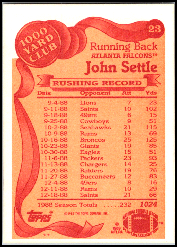 1989 Topps #23 John Settle - 1000 Yard Club FREE SHIPPING! | eBay