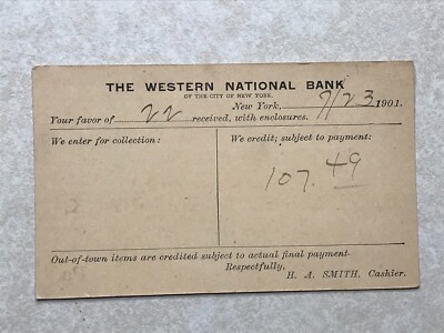 D2423 Postcard Postal Card The Western National Bank New York 1901 | eBay