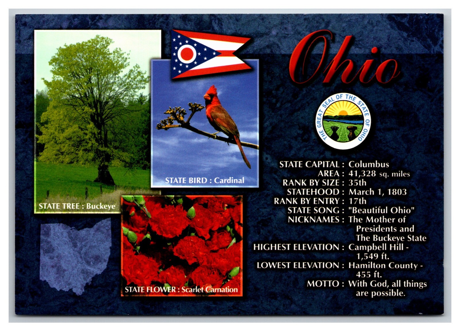 Ohio Buckeye State Bird Seal Flag Map Cardinal Motto 5.9x4.2 Size UNP ...