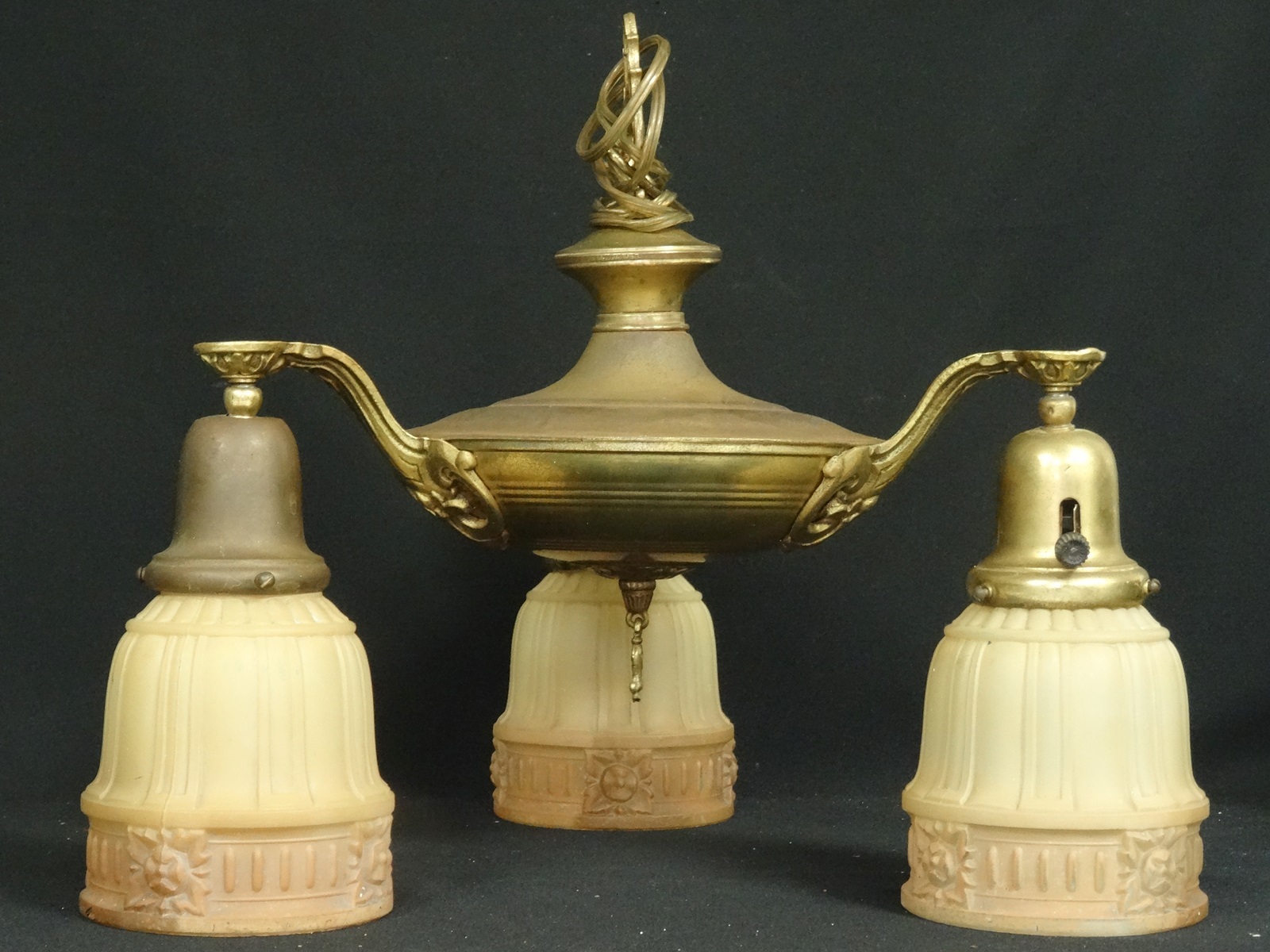 ANTIQUE ART DECO 3 PENDANT BRASS CROP CENTER FINIAL CHANDELIER | eBay