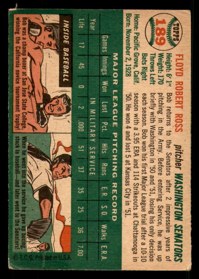 1954 Topps #189 Bob Ross G-VG Senators ID:371693 | eBay