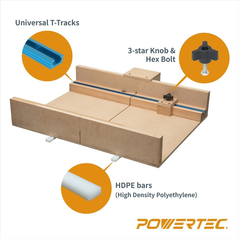 POWERTEC 71673 Table Saw Sled Kit w/ T-Tracks, Miter Bars, Knob, Bolt ...