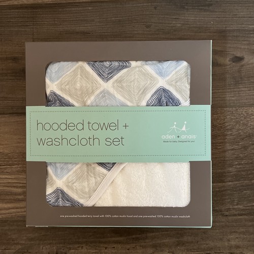 New In Box Aden + Anais Baby hooded towel and washcloth set Blue Gray ...