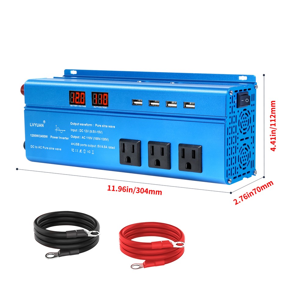1200W Pure Sine Wave Inverter 12V DC to AC 110V with 3 AC Outlets + 4 ...