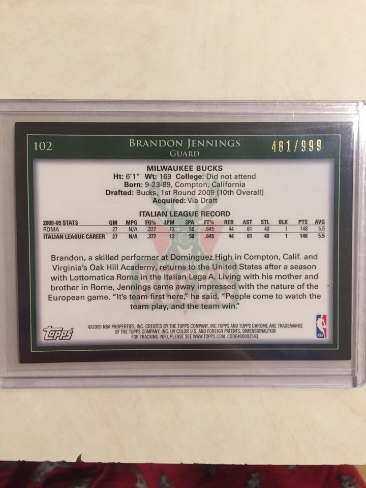 2009-10 Topps Chrome Basketball Brandon Jennings Rookie Numbered 481/ ...