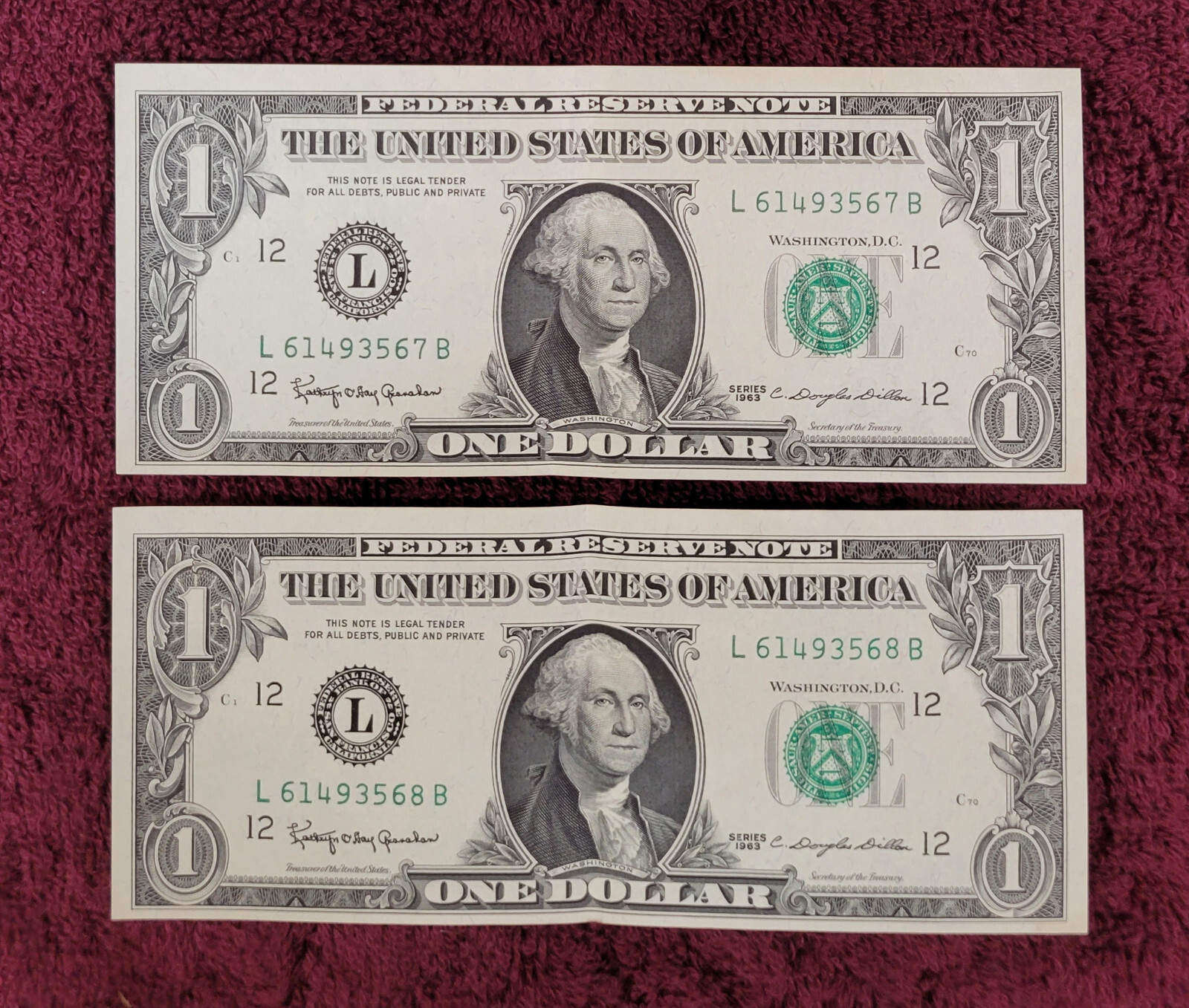 2 Consecutive 1963 One Dollar Bills Notes $1 UNCIRCULATED | eBay