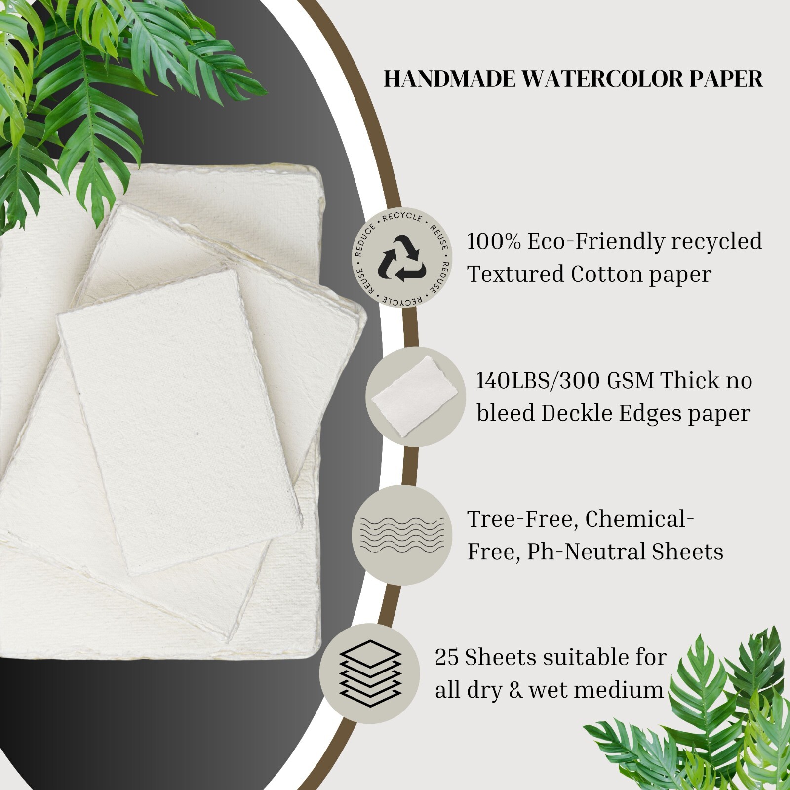 140lbs/300GSM Handmade Virgin Cotton Deckle Edges Watercolor Paper Pad ...