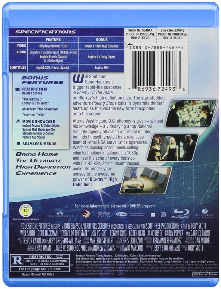 Enemy of the State (Blu-ray) Will Smith Gene Hackman Jon Voight Regina ...