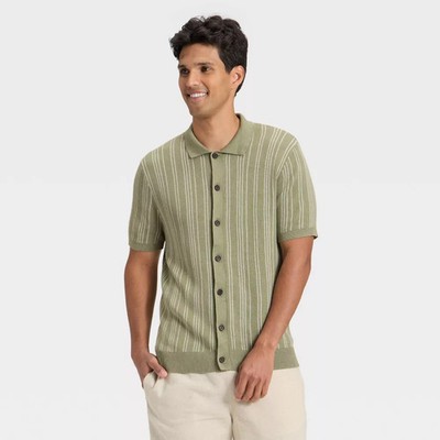 Men's Short Sleeve Striped Full Button Sweater - Goodfellow & Co Green ...