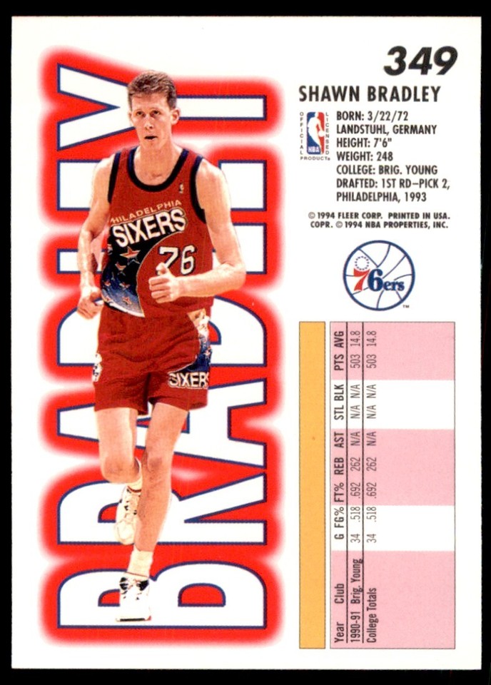 1993-94 Fleer Shawn Bradley RC Philadelphia 76ers #349 | eBay