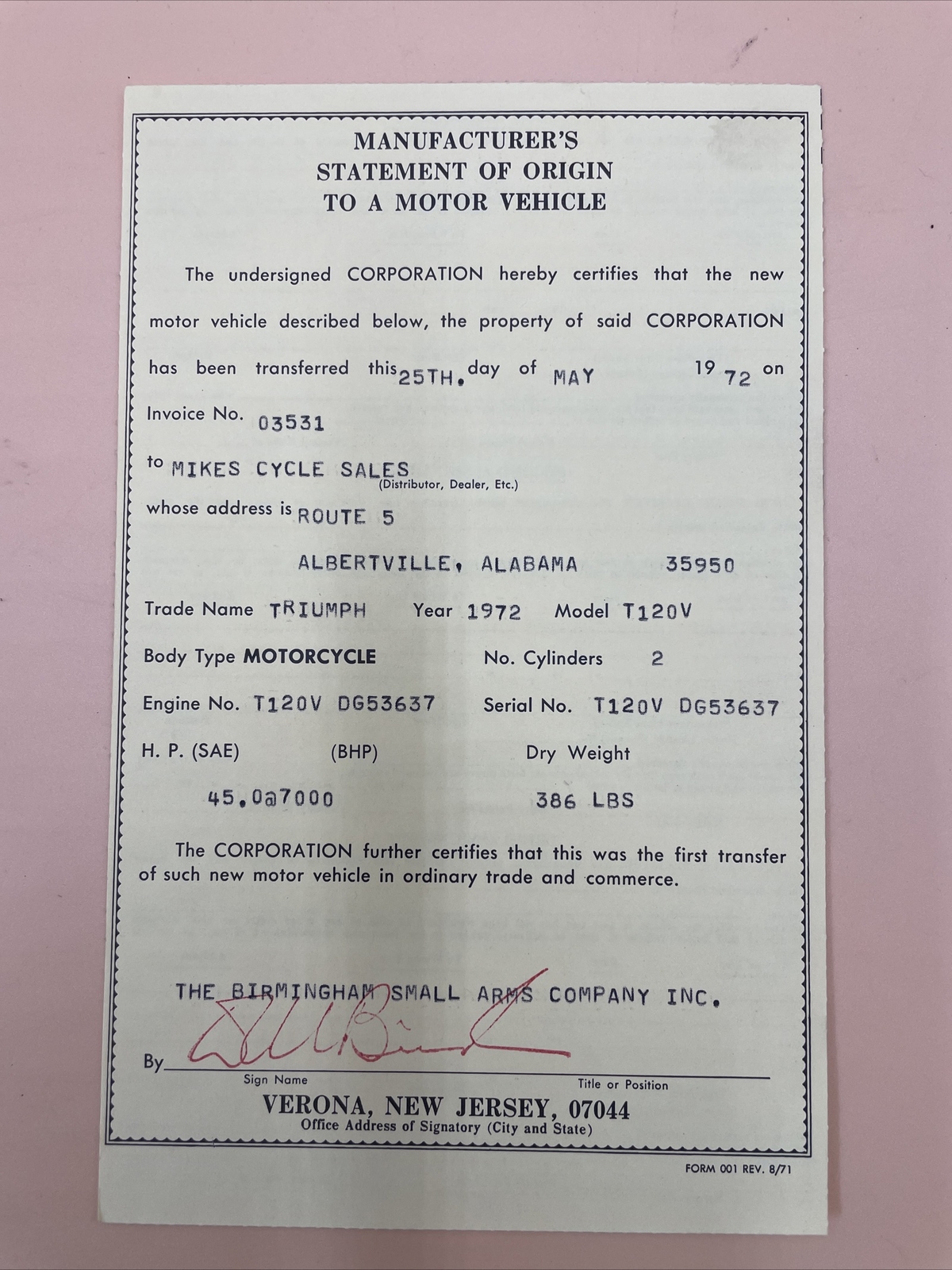 1972 TRIUMPH T120V MANUFACTURER'S STATEMENT OF ORIGIN MSO DOCUMENT 650 ...