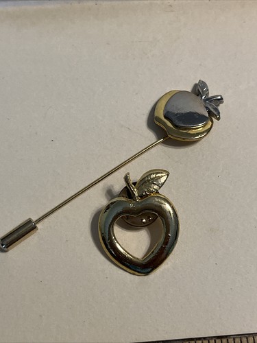 2 Vintage Apple Lapel Pins Stick Pin Teacher Heart Gold Tone - See ...