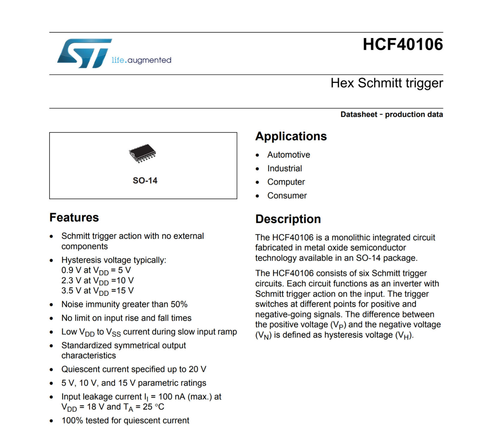 500pcs x HCF40106 - STM SMD 40106 SMD SO-14 | eBay