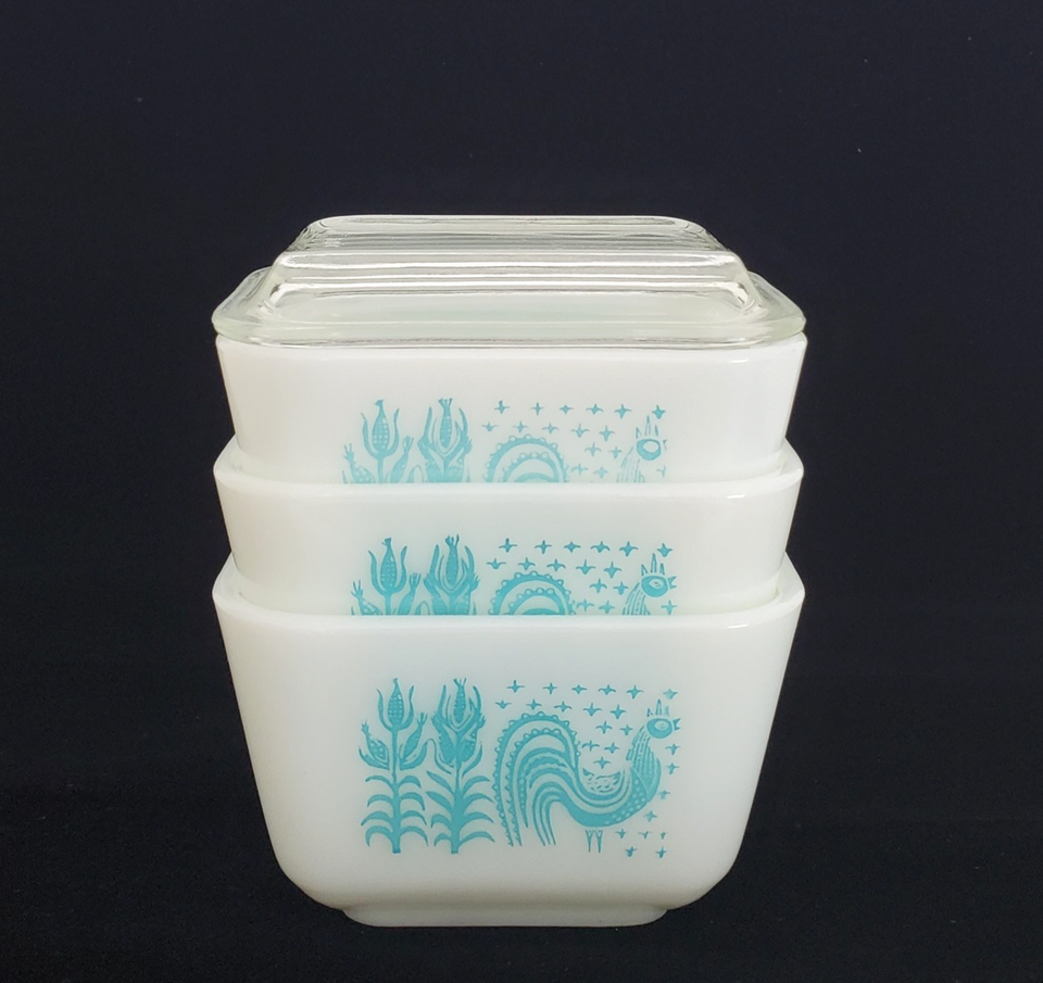 VTG AMISH BUTTER ROOSTER TURQUOIS PRINT PYREX DISH #0503 / 0502 / 501 B ...