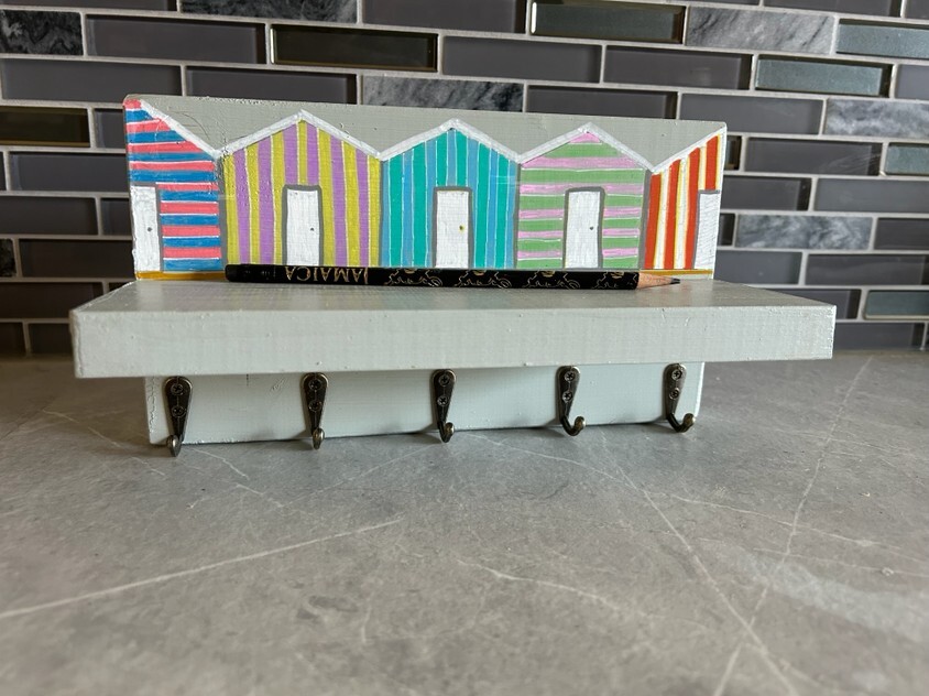 Beach hut themed small key rack with shelf, 10'' shelf, key hooks for ...