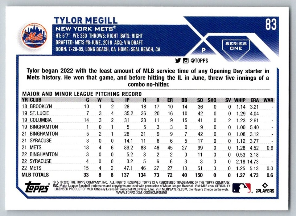 2023 TOPPS SERIES 1 TYLOR MEGILL NEW YORK METS #83 | eBay