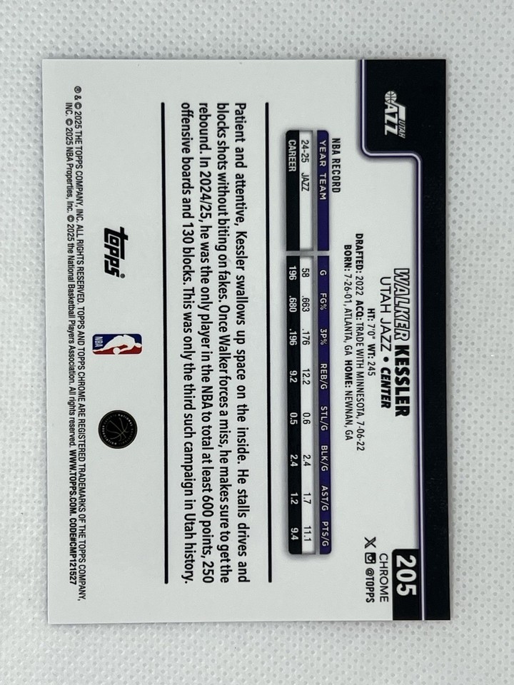 Walter Kessler: 2025-26 Topps Chrome #205 Red White & Blue Refractor ...