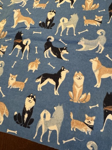 Dogs on Blue SOFT Flannel Cotton Fabric Husky Corgi Sheba Enu NEW 31" x ...