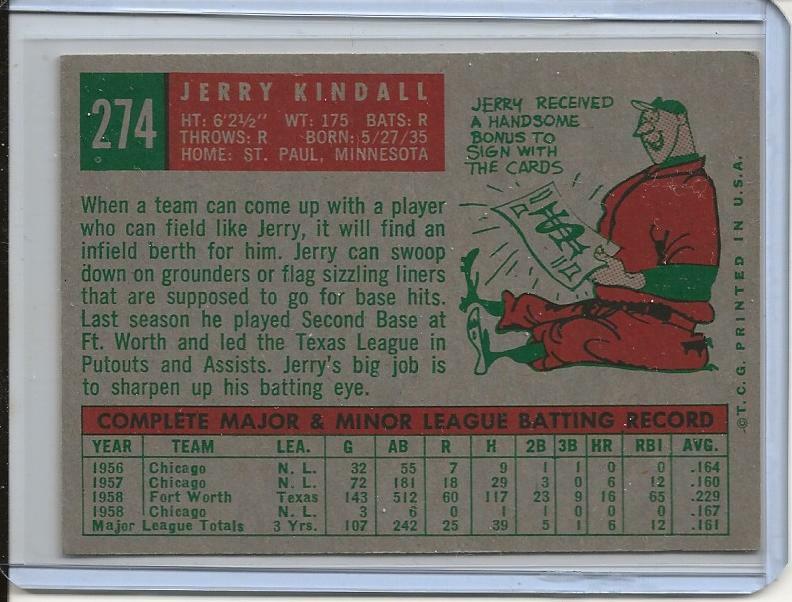 1959 Topps Baseball Card Jerry Kindall of The Chicago Cubs Near Mint ...