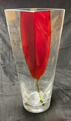 Red Flower Clear Art Glass Square Vase 12.5” | eBay