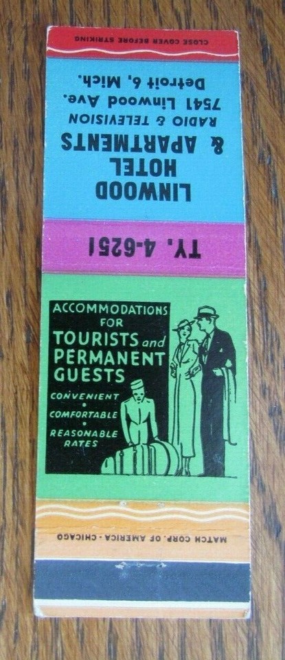 DETROIT, MICHIGAN MATCHBOOK COVER: LINWOOD HOTEL & APARTMENTS 1940s ...