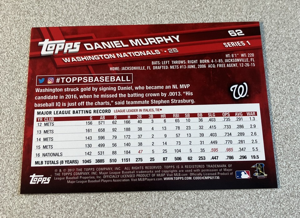 2017 Topps Series 1 Rainbow Foil #62 Daniel Murphy Nationals | eBay