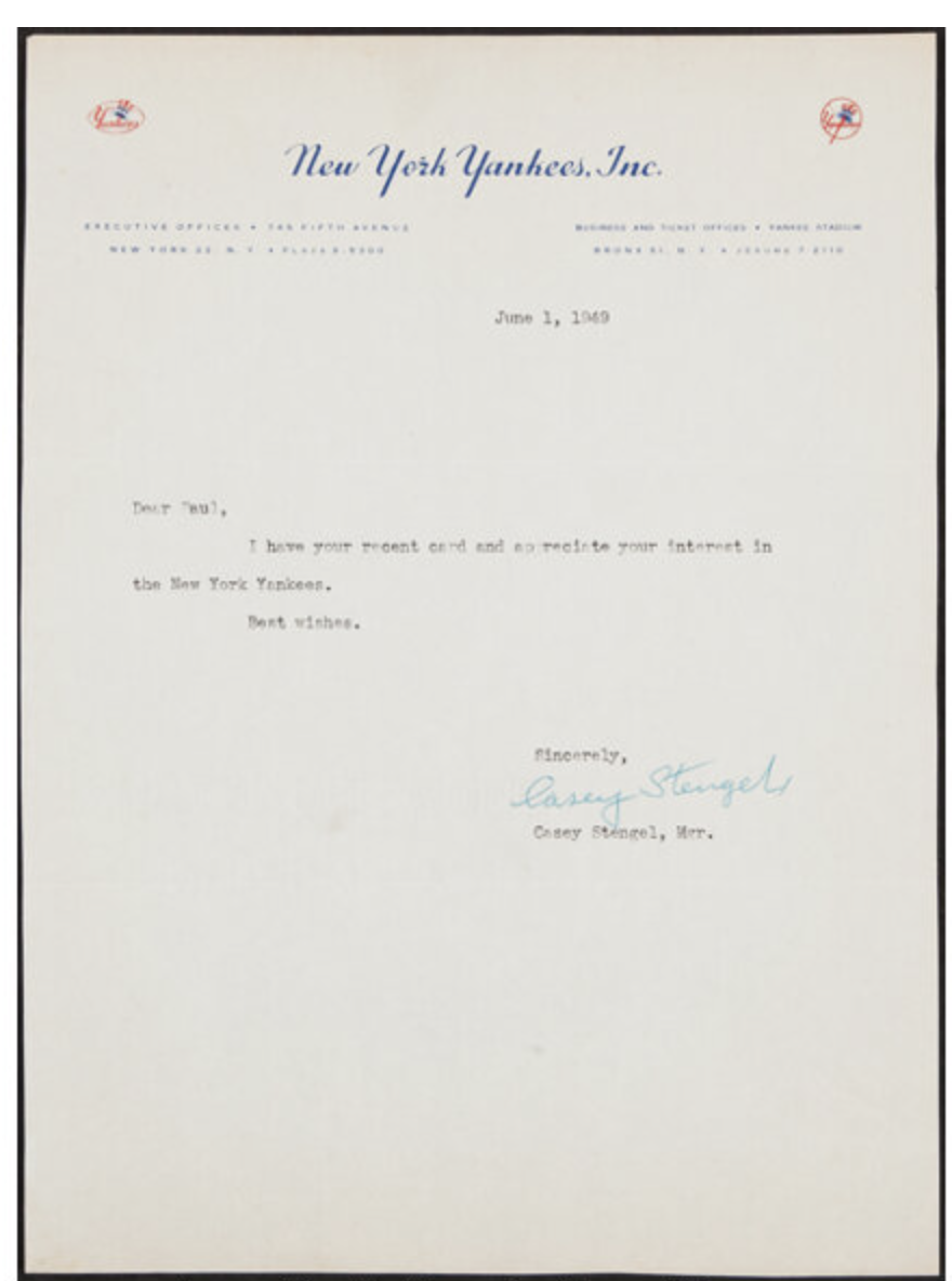 1949 Casey Stengel Signed Letter on New York Yankees Letterhead ...