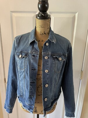 Nine West Women's Blue Denim Trucker Sarah Jean Jacket Frayed Sz M | eBay