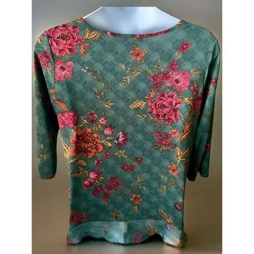 Roz and Ali Womens Floral Plaid Print Top Green Polyester Quarter ...