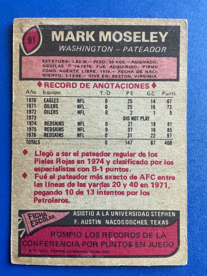 1977 Topps Mexican #91 Mark Moseley of the Washington Redskins, 1982 ...
