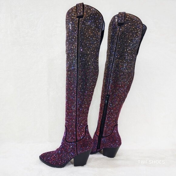 Country Glam Iridescent Ombre Rhinestone OTK Thigh High Cowgirl Boots ...
