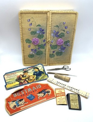 Vintage Floral Straw Sewing Box LOADED Haband Watson Milward Reliance ...