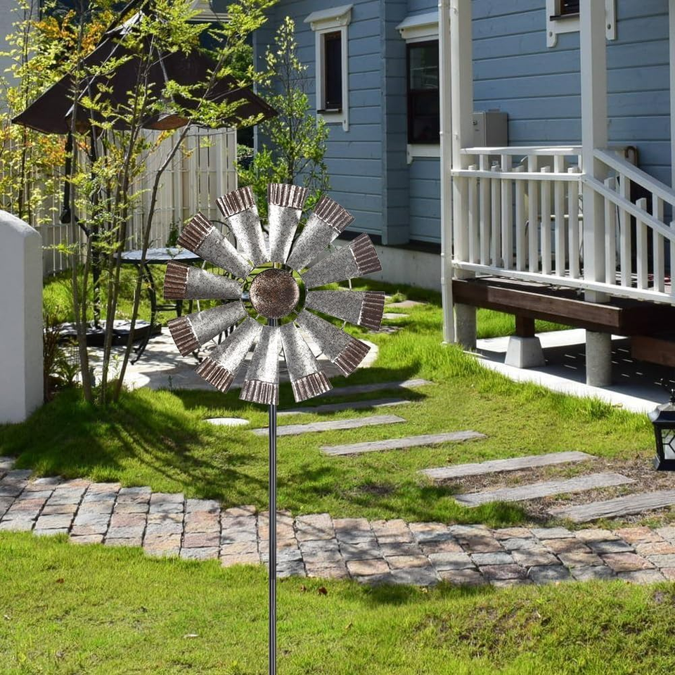 Wind Spinners Outdoor，Metal Vintage Style Single Sided Silver Windmill ...