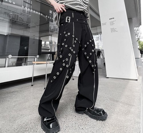 Hot Men's Fashion Punk Gothic Rivet Buckle Strap Black Trousers Party ...