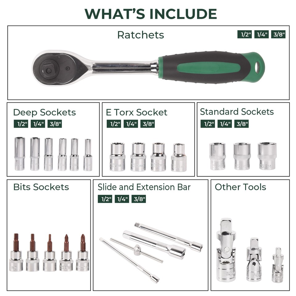 151pcs Mechanics Tools Kit Versatile Socket & Drive Tool Set 1/2", 1/4 ...